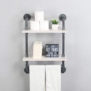 Industrial Pipe Shelf Bathroom Shelves Wall Mounted,19.6in Rustic Wood Shelf with Towel Bar,2 Tier Farmhouse Towel Rack Over Toilet,Pipe Shelving Floating Shelves Towel Holder,Retro White