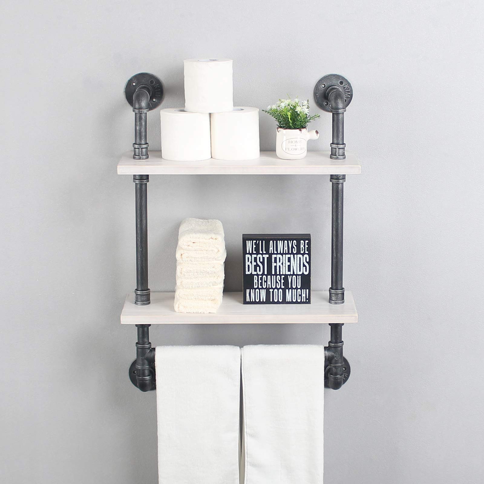 Industrial Pipe Shelf Bathroom Shelves Wall Mounted,19.6in Rustic Wood Shelf with Towel Bar,2 Tier Farmhouse Towel Rack Over Toilet,Pipe Shelving Floating Shelves Towel Holder,Retro White