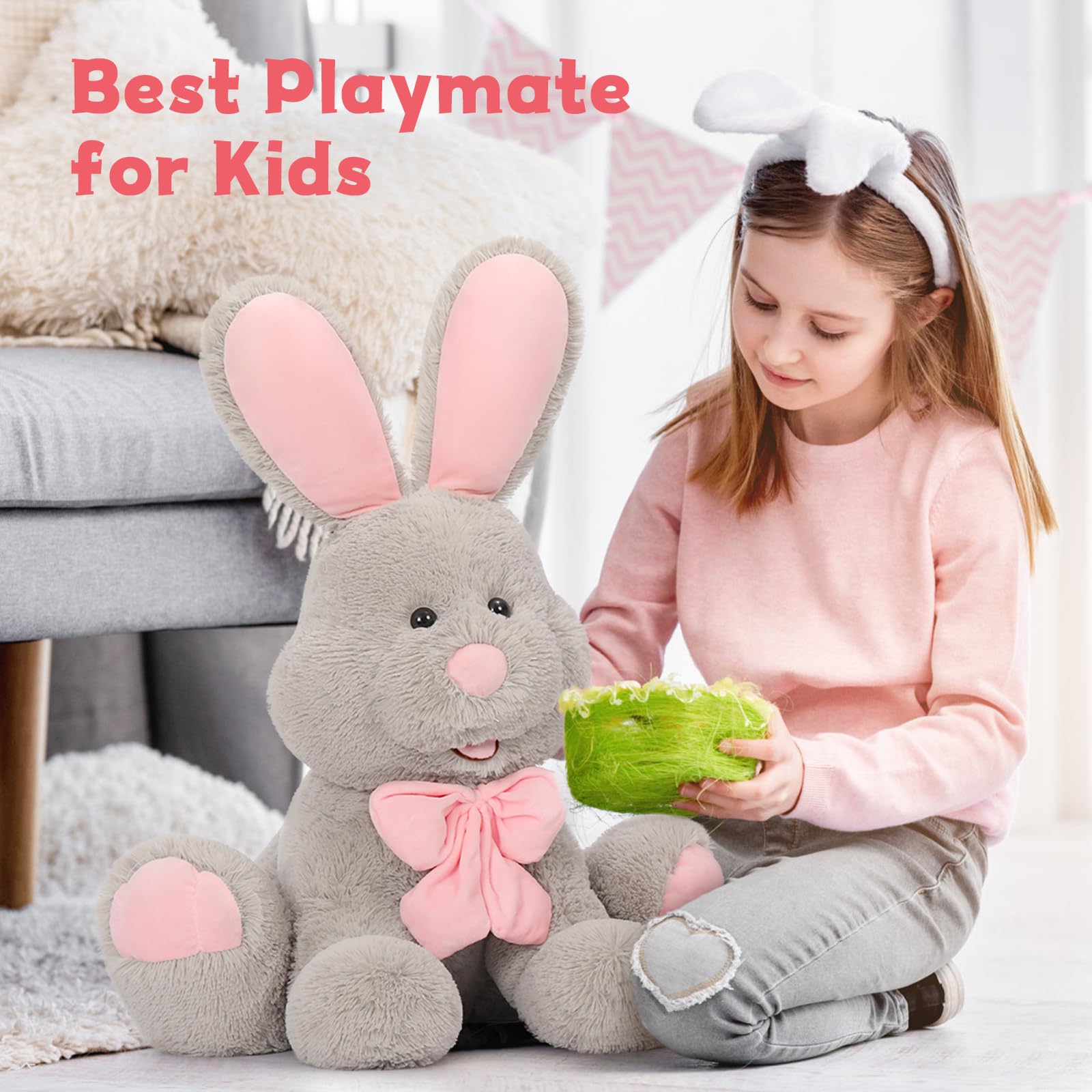 Lanmore Giant Bunny Stuffed Animal Easter Rabbit Toy Plush, Soft Animal Pillow for Boy Girl Girlfriend, for Easter Christmas Valentine's Day, Gray, 31.5 inches