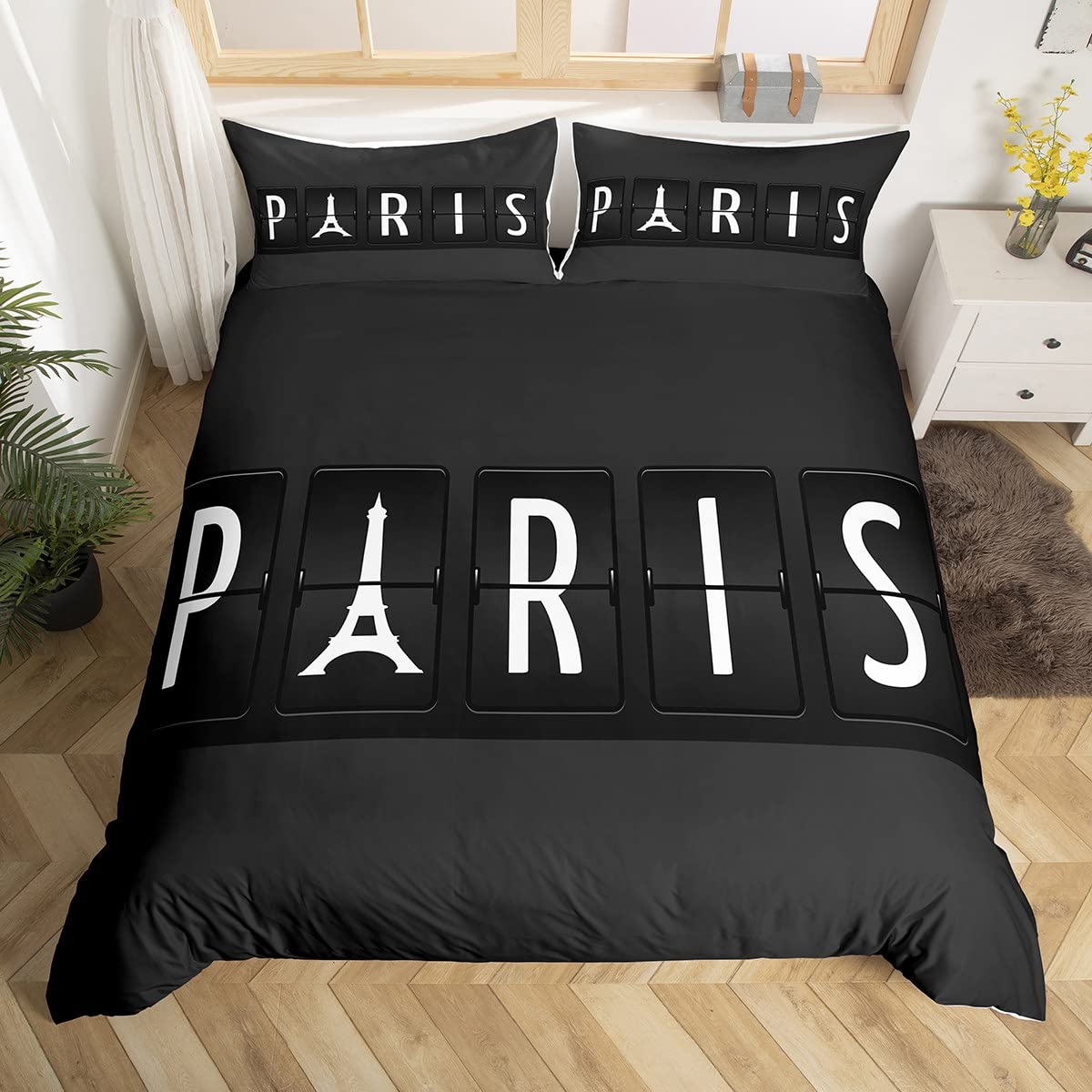 Feelyou Paris Duvet Cover Set France Eiffel Tower Bedding Set Decorative Chic Paris Theme Comforter Cover Paris Cityscape Bedspread Cover Queen Size Microfiber, No Comforter,Modern Black and White