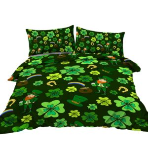 blessliving st. patrick's day bedspread duvet cover sets leprechaun shamrocks rainbow pattern printed 3 piece bedding set with 2 pillow shams, king size, green