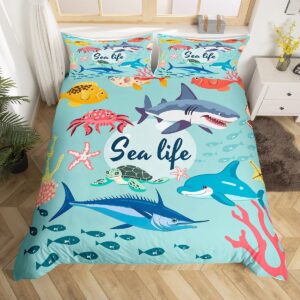 sea turtle comforter cover set twin size ocean fish marine life duvet cover under sea life bedding set for kids child,underwater world coastal creature quilt cover,nautical sea animal bedroom decor