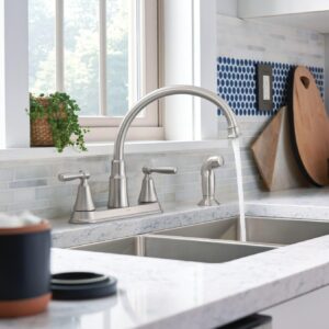 Moen Hutchinson Spot Resist Stainless 2-Handle High-Arc Kitchen Faucet with Side Sprayer, 87048SRS