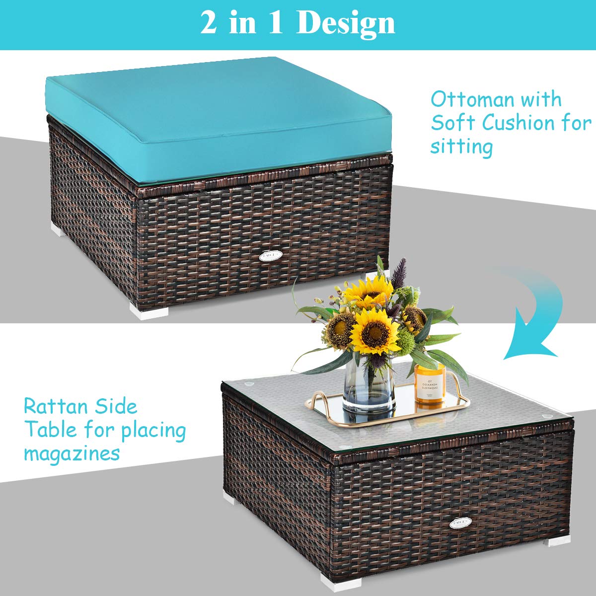 Tangkula 6 Pieces Patio Rattan Sectional Furniture Set, Outdoor Wicker Conversation Set with Glass Coffee Table Sofa Ottoman, Wicker Sofa Set with Back & Seat Cushion for Backyard Garden (Turquoise)