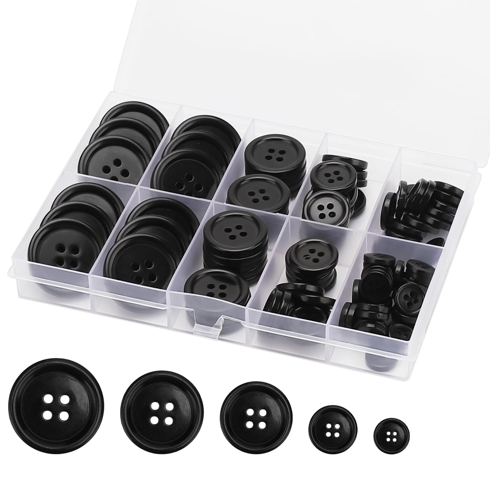 100 Pcs Premium Mixed Resin Sewing Buttons, ONEHERE Eco-Friendly 4-Hole Craft Buttons, 5 Sizes of Black Buttons Suitable for Sewing, DIY and Holiday Decoration(Black)