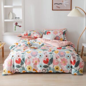 floral duvet cover twin, 100% cotton 3 pcs twin flower bedding set, garden reversible duvet cover, with zipper closure, breathable (no comforter)