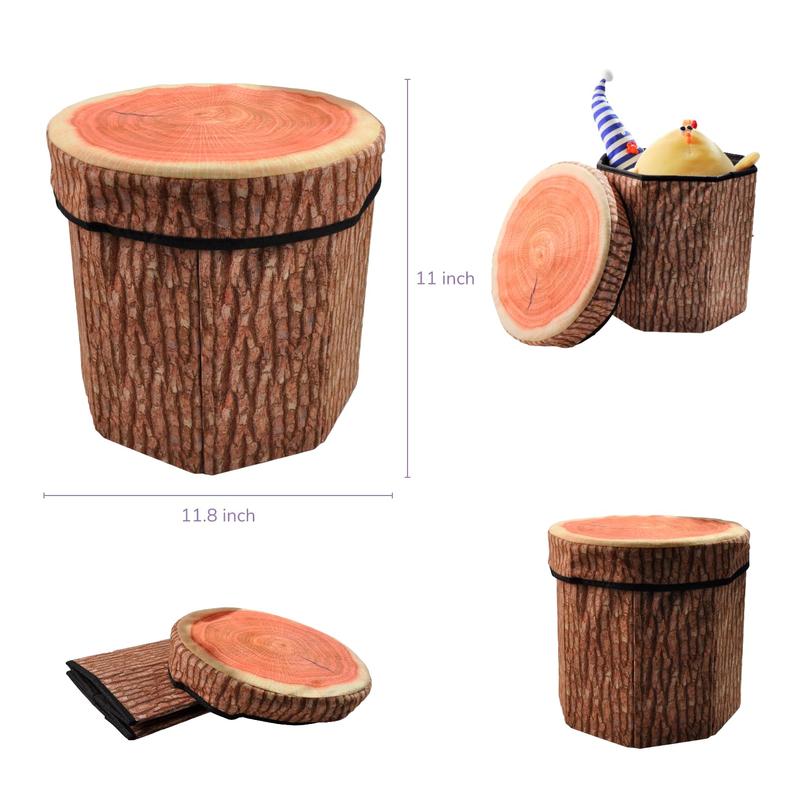 CHEFAN Fruit Storage Stool Ottoman,Tree Stump Stool, Cute Folding Storage Toy Box, Collapsible Storage Seat Chest, Wood Stump Organizer Stool for Toy, Cloth and Kids