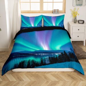 aurora bedding set for girls boys children northern light comforter cover decorative starry sky aurora duvet cover starts snow mountains bedspread cover full size 3pcs bedclothes (no comforter)