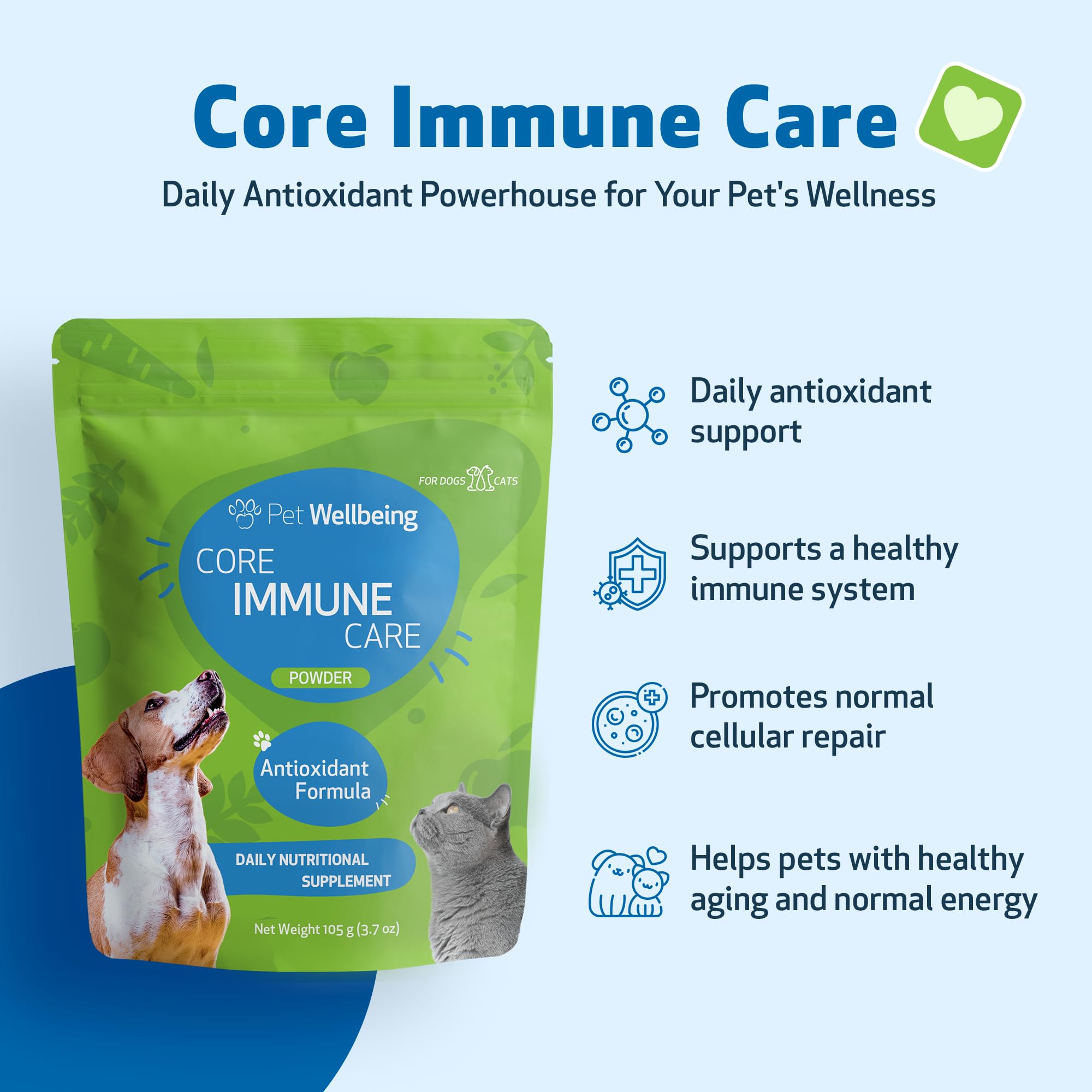 Pet Wellbeing Core Immune Care for Dogs & Cats - Daily Antioxidant Support for Pets of All Ages - Vet-Formulated - 3.7 oz (105 g) Powder