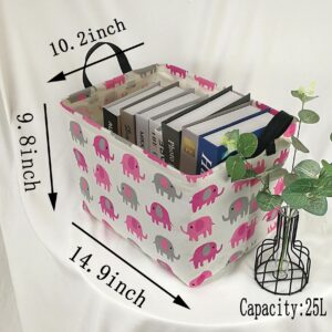 HUAYEE Elephant Print Rectangular Storage Bin Shelf Basket Canvas Fabric Toy Box,Waterproof Coating Nursery Hamper with Handles,Gift Basket for Home,Office,Clothes,Books(pink grey elephant)