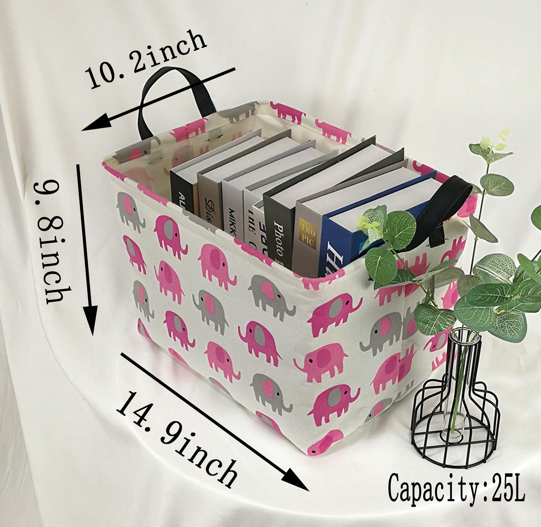 HUAYEE Elephant Print Rectangular Storage Bin Shelf Basket Canvas Fabric Toy Box,Waterproof Coating Nursery Hamper with Handles,Gift Basket for Home,Office,Clothes,Books(pink grey elephant)