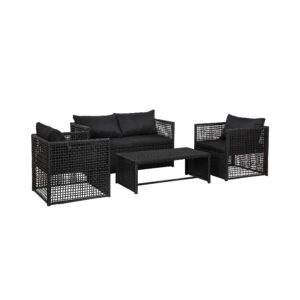 wo outdoor wicker rattan furniture 4 pcs set black woven table chairs set w cushions & back support pillows coffee table seats 4 black