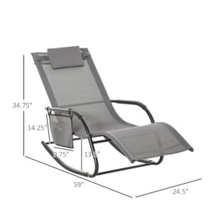 Outsunny Outdoor Rocking Chair, Chaise Lounge Pool Chair for Sun Tanning, Sunbathing, a Rocker with Side Pocket, Armrests & Pillow for Patio, Lawn, Beach, Gray