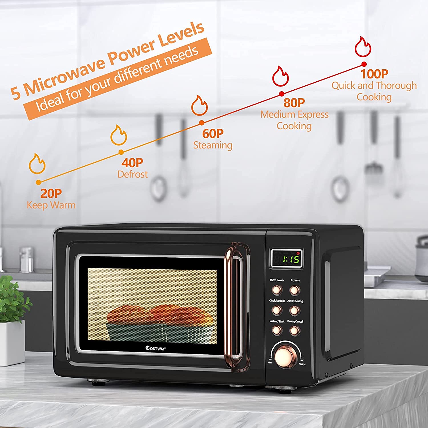 Moccha Compact Retro Microwave Oven, 0.7Cu.ft, 700-Watt Countertop Microwave Ovens w/5 Micro Power, Delayed Start Function, LED Display, Child Lock (Black)