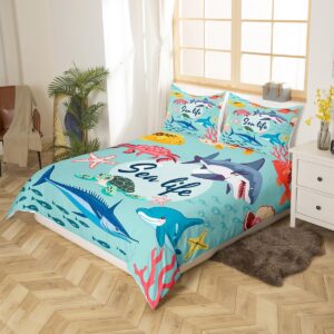 Sea Turtle Comforter Cover Set Twin Size Ocean Fish Marine Life Duvet Cover Under Sea Life Bedding Set for Kids Child,Underwater World Coastal Creature Quilt Cover,Nautical Sea Animal Bedroom Decor