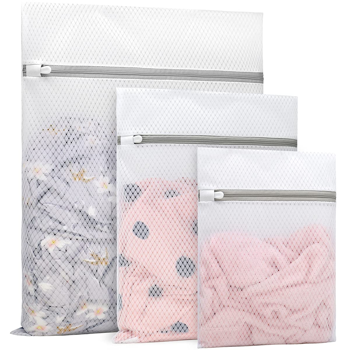 3Pcs Durable Diamond Mesh Laundry Bags for Delicates (1 Large 16 x 20 Inches, 1 Medium 12 x 16 Inches, 1 Small 9 x 12 Inches)