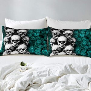 Erosebridal Sugar Skull Bedding Set Teal Floral Comforter Cover Gothic Skull Hipster Duvet Cover Set for Kids Teen Boys Girls Skeleton Bones Blossoms Bedclothes 3Pcs King Size Fashion Bedroom Decor