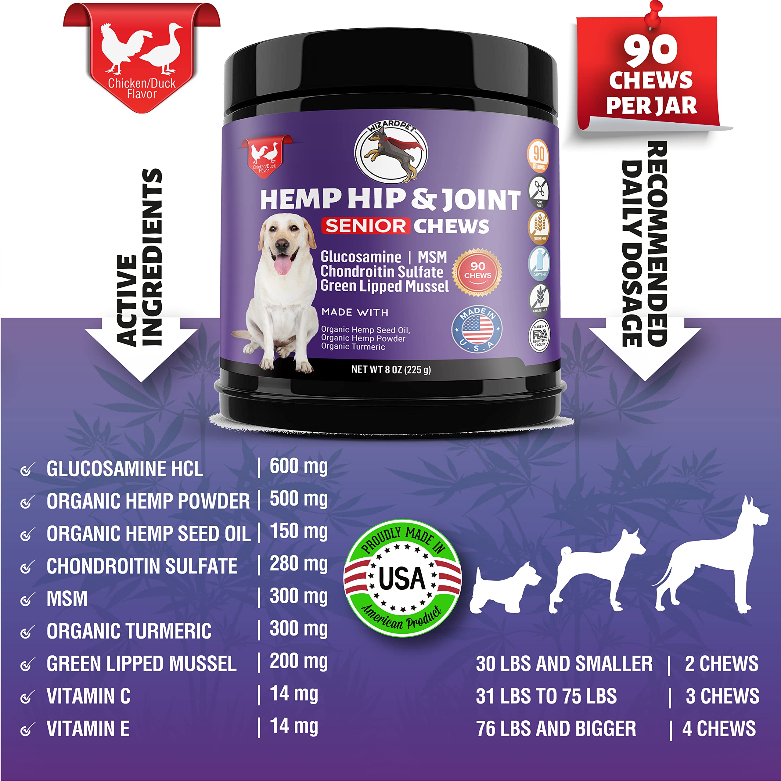 WIZARDPET Mobility Hemp Oil Hip & Joint Supplement for Senior Dogs - Chondroitin Glucosamine MSM Turmeric Green Lipped Mussel - Extra Strength Formula for Arthritis Pain Relief & Mobility | 90 Chews