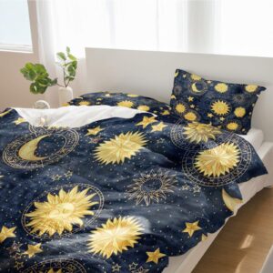 FarmBed Boho Yellow Sun Moon Flowers Stars 3-Piece Bedding Sets Luxury Soft Duvet Cover Queen,Microfiber Bet Comforter Protector with Pillow Shams for Women Men Teens,Bohemian Hippie Art