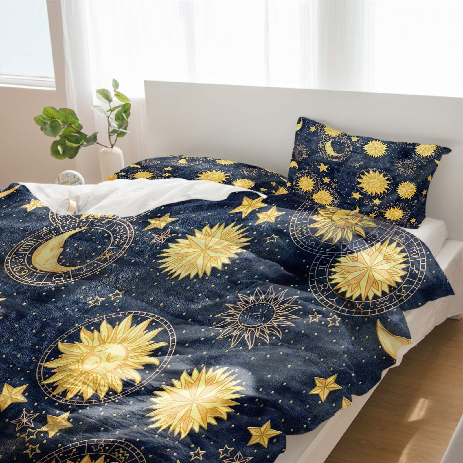 FarmBed Boho Yellow Sun Moon Flowers Stars 3-Piece Bedding Sets Luxury Soft Duvet Cover Queen,Microfiber Bet Comforter Protector with Pillow Shams for Women Men Teens,Bohemian Hippie Art