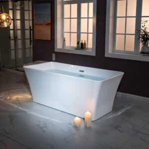 WOODBRIDGE 59" Freestanding Acylic Soaking Bathtub with White, Drain and Overflow inBrushed, BTA1509-B/N-Drain &O + Pillow, with Brushed Nickel Drian