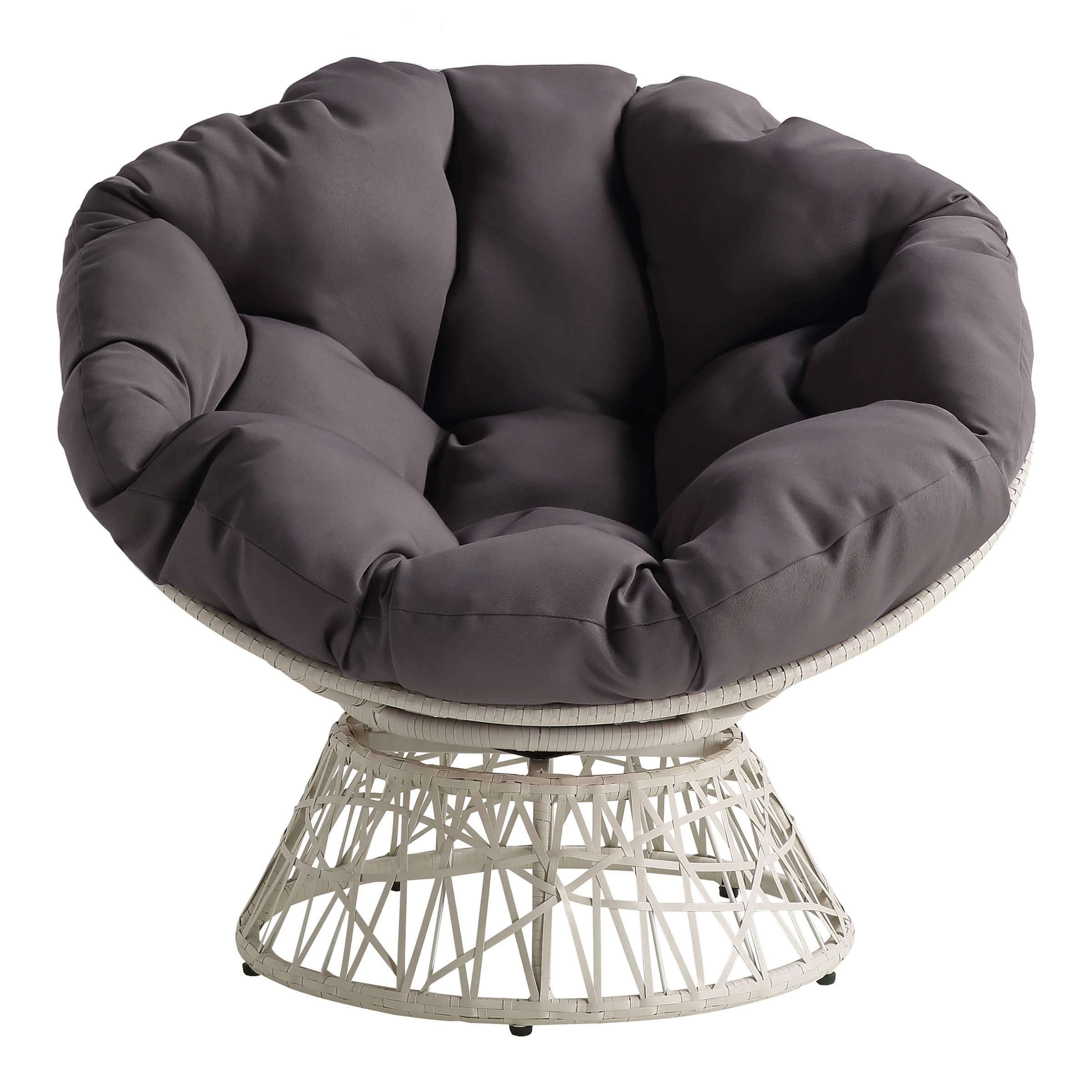 OSP Home Furnishings Wicker Papasan Chair with 360-Degree Swivel, Cream Frame with Grey Cushion