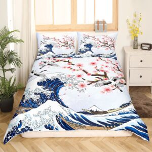 Feelyou Cherry Blossoms Bedding Set Chic Crane Duvet Cover for Kids Girls Women Ocean Wave Decor Comforter Cover Pink Japanese Ukiyoe Theme Bedspread Cover with 2 Pillowcases 3Pcs Bedding Queen