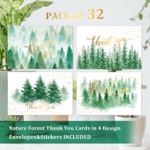 Whaline 32 Pack Christmas Forest Thank You Cards with Envelopes & Stickers Green Forest Xmas Thank You Cards Set Gold Foil Watercolor Holiday Greeting Cards for Wedding Baby Shower Birthday