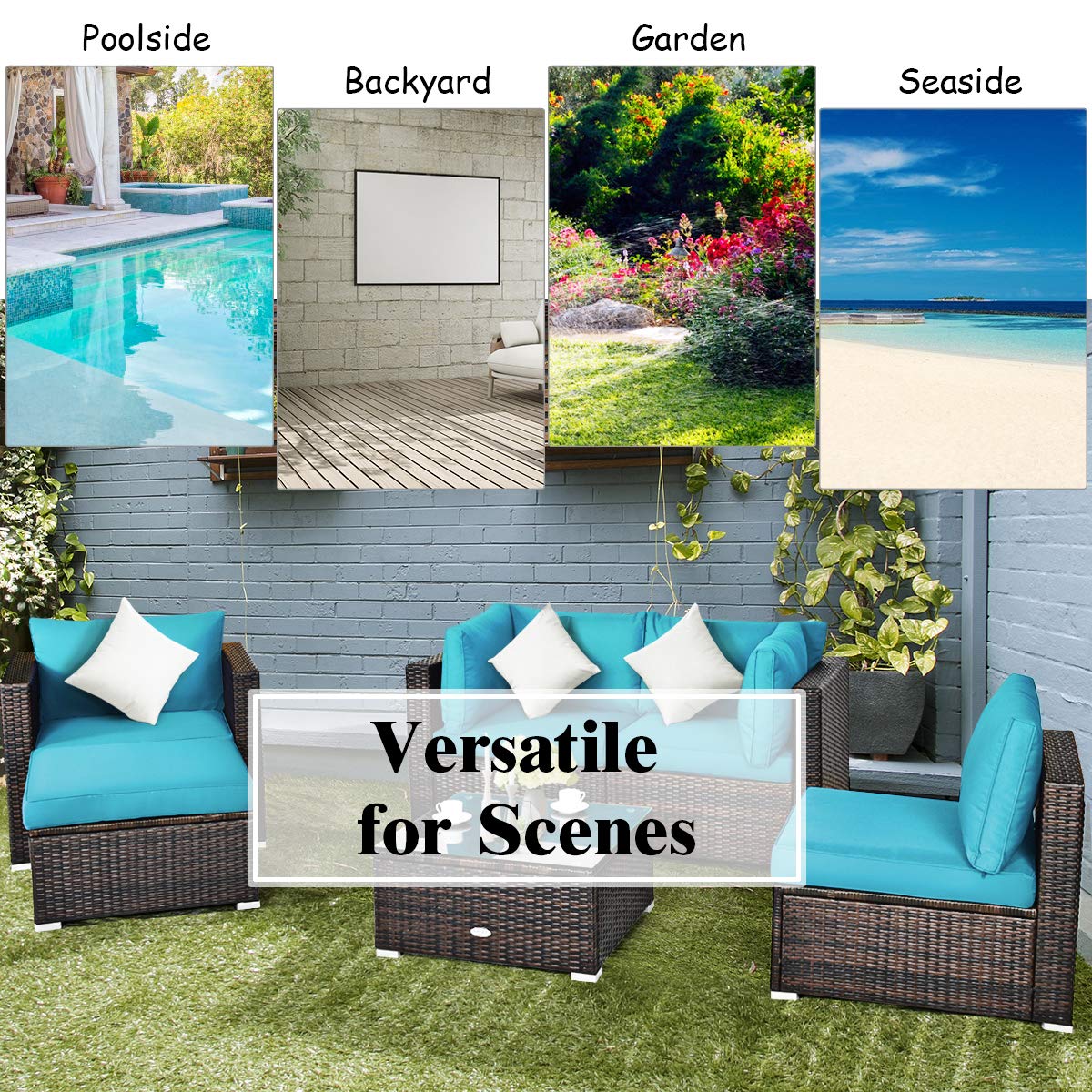 Tangkula 6 Pieces Patio Rattan Sectional Furniture Set, Outdoor Wicker Conversation Set with Glass Coffee Table Sofa Ottoman, Wicker Sofa Set with Back & Seat Cushion for Backyard Garden (Turquoise)