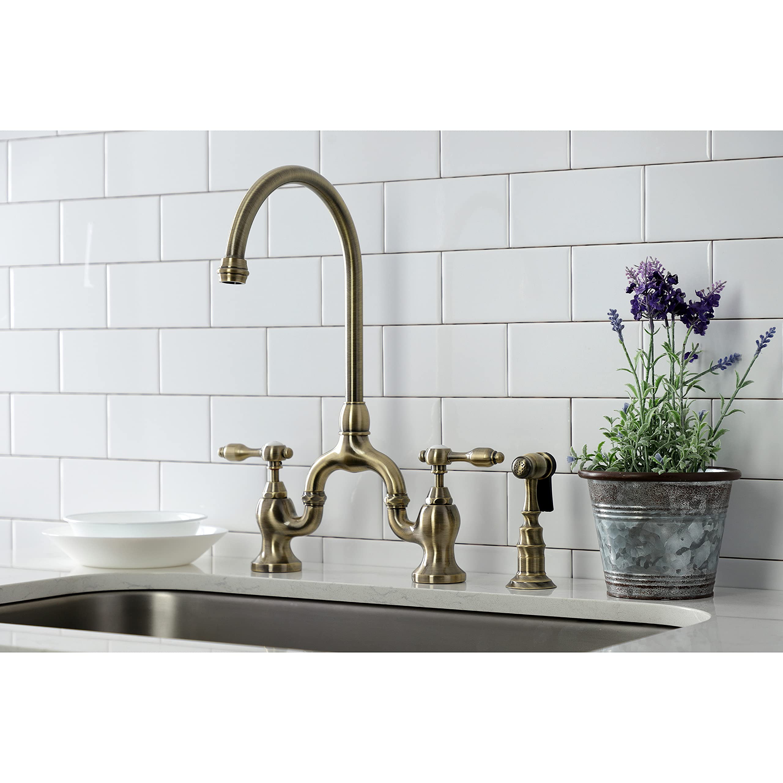 Kingston Brass KS7793TALBS Tudor Bridge Kitchen Faucet, Antique Brass, 13.88 x 7.75 x 16.81