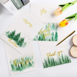 Whaline 32 Pack Christmas Forest Thank You Cards with Envelopes & Stickers Green Forest Xmas Thank You Cards Set Gold Foil Watercolor Holiday Greeting Cards for Wedding Baby Shower Birthday