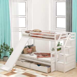 GAOWEI Twin Over Full Bunk Bed with Drawers, Storage and Slide, Multifunction Wood Loft Bed for Kids, Adults (White)