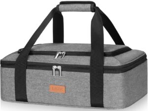 lhzk double decker insulated casserole carrier for hot or cold food, expandable hot food carrier, lasagna holder tote for potluck parties, picnic, beach, fits 11 x 15 or 9 x 13 baking dish (grey)