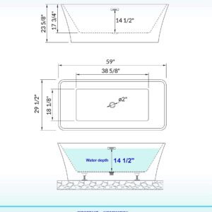 WOODBRIDGE 59" Freestanding Acylic Soaking Bathtub with White, Drain and Overflow inBrushed, BTA1509-B/N-Drain &O + Pillow, with Brushed Nickel Drian