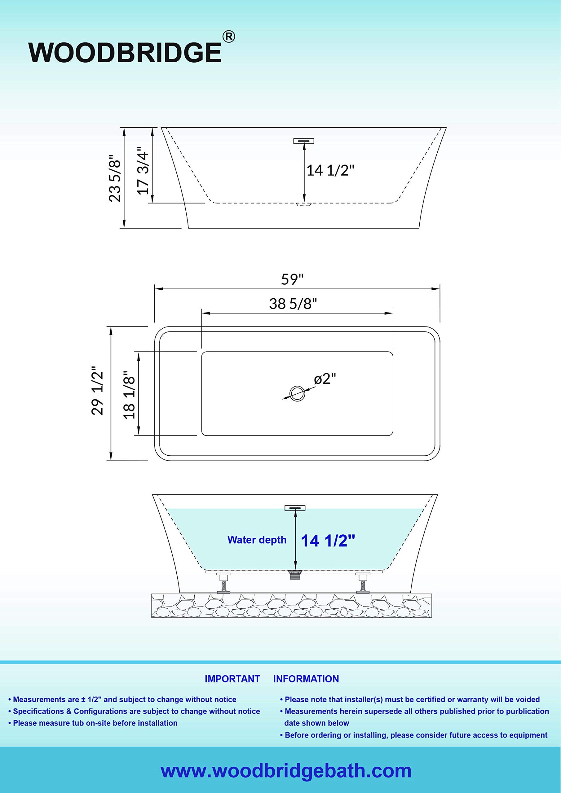 WOODBRIDGE 59" Freestanding Acylic Soaking Bathtub with White, Drain and Overflow inBrushed, BTA1509-B/N-Drain &O + Pillow, with Brushed Nickel Drian