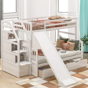 gaowei twin over full bunk bed with drawers, storage and slide, multifunction wood loft bed for kids, adults (white)