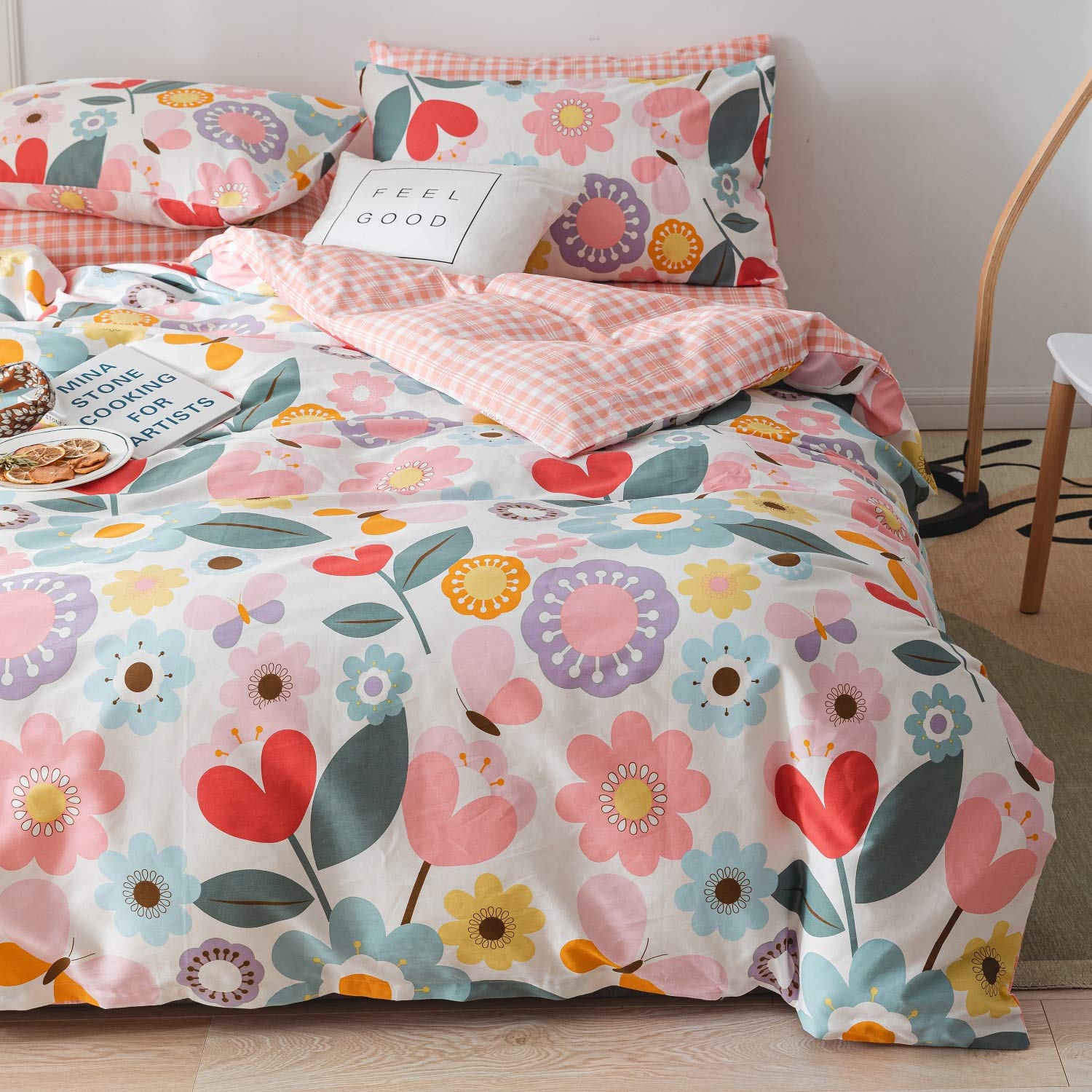 Floral Duvet Cover Twin, 100% Cotton 3 pcs Twin Flower Bedding Set, Garden Reversible Duvet Cover, with Zipper Closure, Breathable (No Comforter)