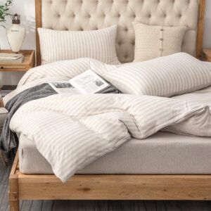 pure era jersey knit duvet cover set 100% t-shirt heather cotton super soft comfy classic striped design, with zipper closure, heather beige stripe, king