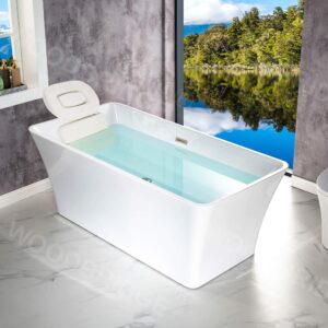 woodbridge 59" freestanding acylic soaking bathtub with white, drain and overflow inbrushed, bta1509-b/n-drain &o + pillow, with brushed nickel drian