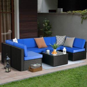 waleaf 7 pieces outdoor furniture rattan sectional patio sofa, outdoor indoor backyard porch garden poolside balcony wicker conversation set with table (dark blue)