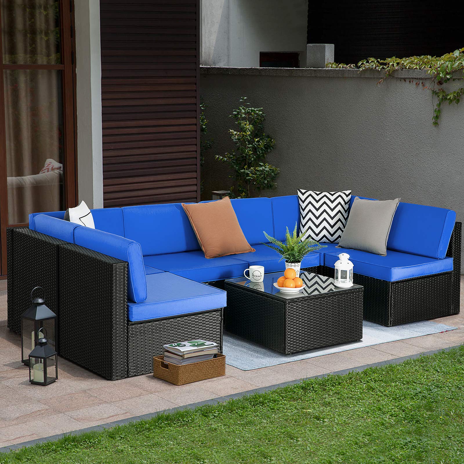 Waleaf 7 Pieces Outdoor Furniture Rattan Sectional Patio Sofa, Outdoor Indoor Backyard Porch Garden Poolside Balcony Wicker Conversation Set with Table (Dark Blue)