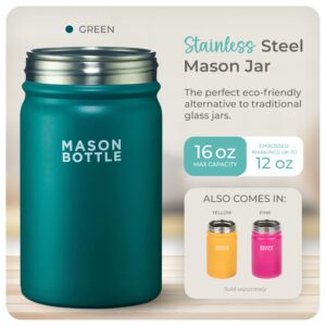 Mason Bottle Stainless Steel Mason Jar (Lid NOT Included) - Insulated Mason Jar - BPA-Free, Single-Wall, Regular-Mouth - Snack Cup, Smoothie Cup for Kids (16oz, Green)