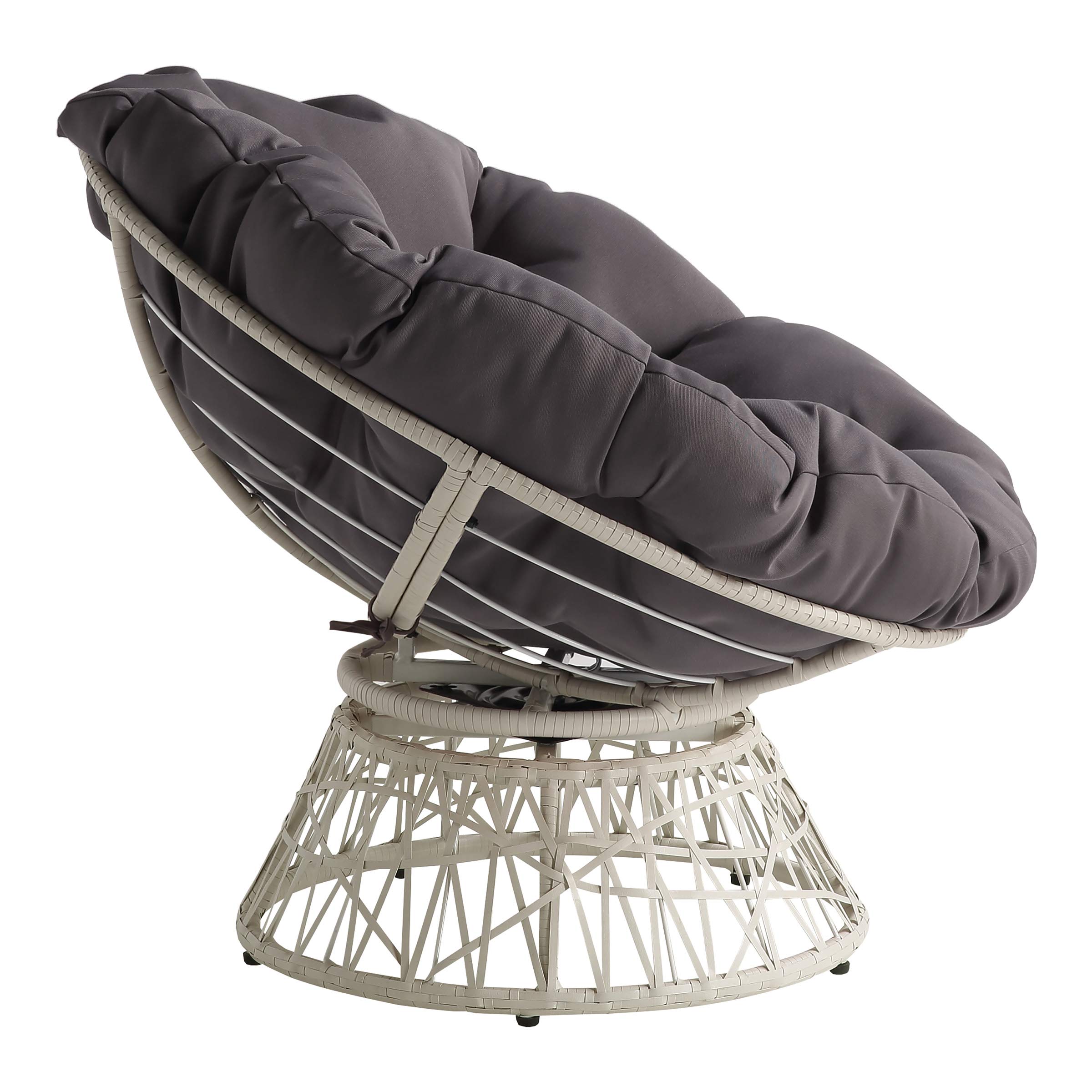 OSP Home Furnishings Wicker Papasan Chair with 360-Degree Swivel, Cream Frame with Grey Cushion