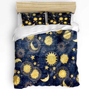 FarmBed Boho Yellow Sun Moon Flowers Stars 3-Piece Bedding Sets Luxury Soft Duvet Cover Queen,Microfiber Bet Comforter Protector with Pillow Shams for Women Men Teens,Bohemian Hippie Art