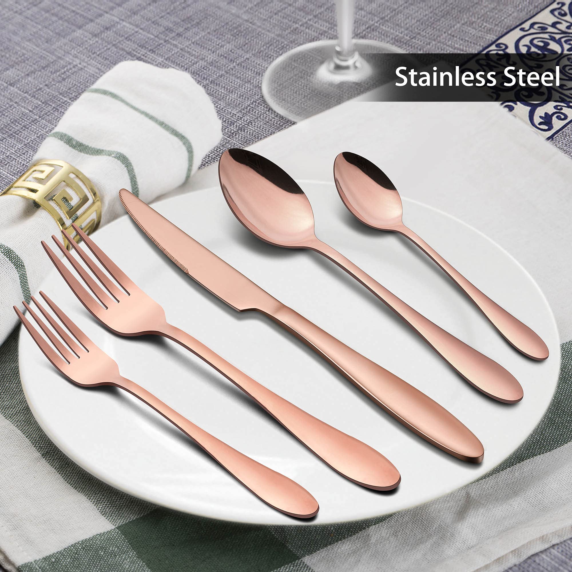 LIANYU 40-Piece Copper Silverware Set for 8, Stainless Steel Flatware Cutlery Set, Tableware Eating Utensils Include Forks Knives Spoons, Mirror Polished, Dishwasher Safe