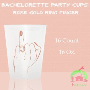 Bachelorette Party Cups - Rose Gold Ring Finger Cups, 16 Count, 16 Oz. - Bridal Shower, Engagement Party Decoration and Bride To Be Gift