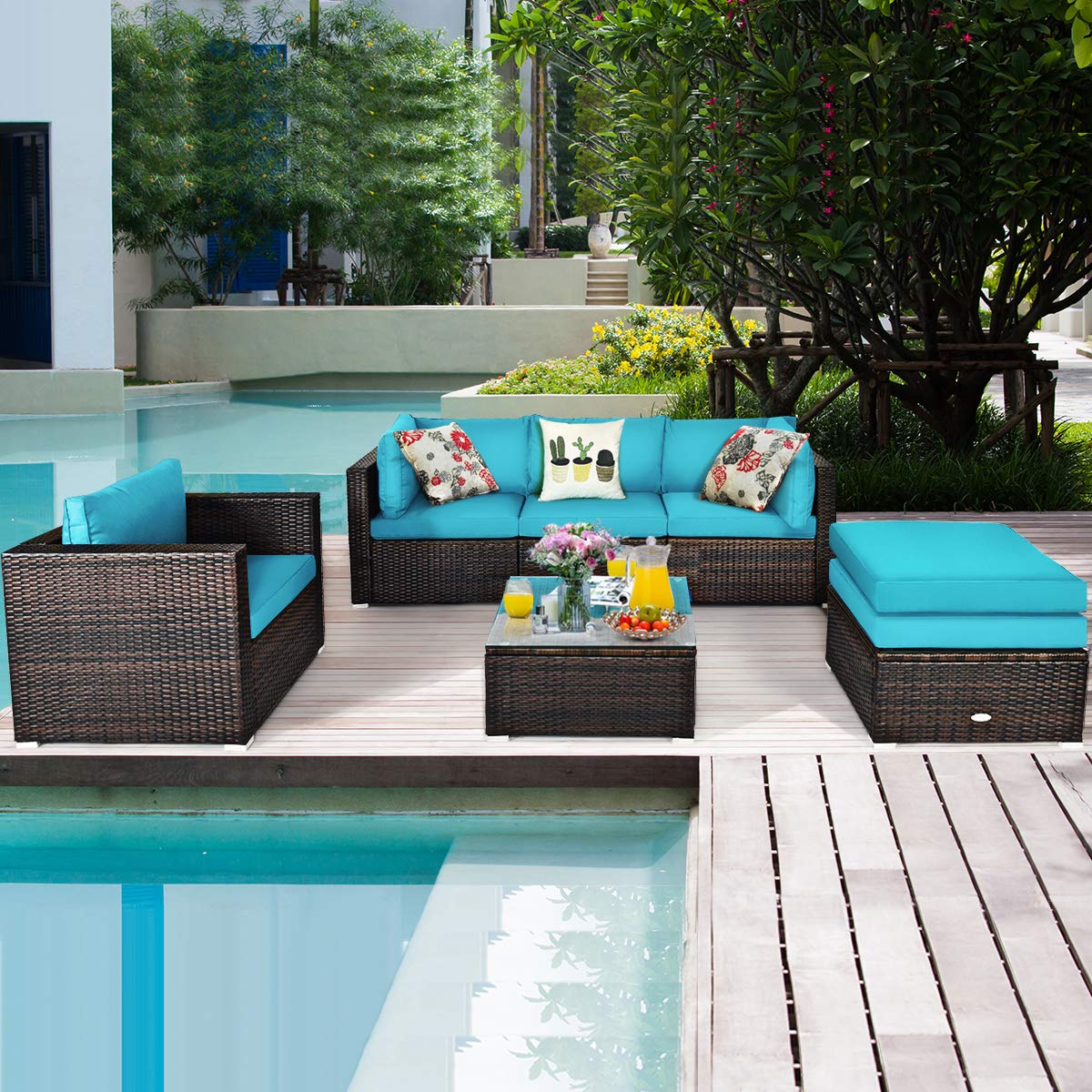 Tangkula 6 Pieces Patio Rattan Sectional Furniture Set, Outdoor Wicker Conversation Set with Glass Coffee Table Sofa Ottoman, Wicker Sofa Set with Back & Seat Cushion for Backyard Garden (Turquoise)