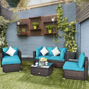 tangkula 6 pieces patio rattan sectional furniture set, outdoor wicker conversation set with glass coffee table sofa ottoman, wicker sofa set with back & seat cushion for backyard garden (turquoise)