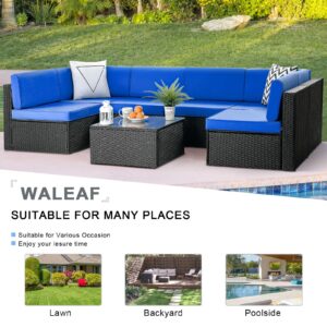 Waleaf 7 Pieces Outdoor Furniture Rattan Sectional Patio Sofa, Outdoor Indoor Backyard Porch Garden Poolside Balcony Wicker Conversation Set with Table (Dark Blue)