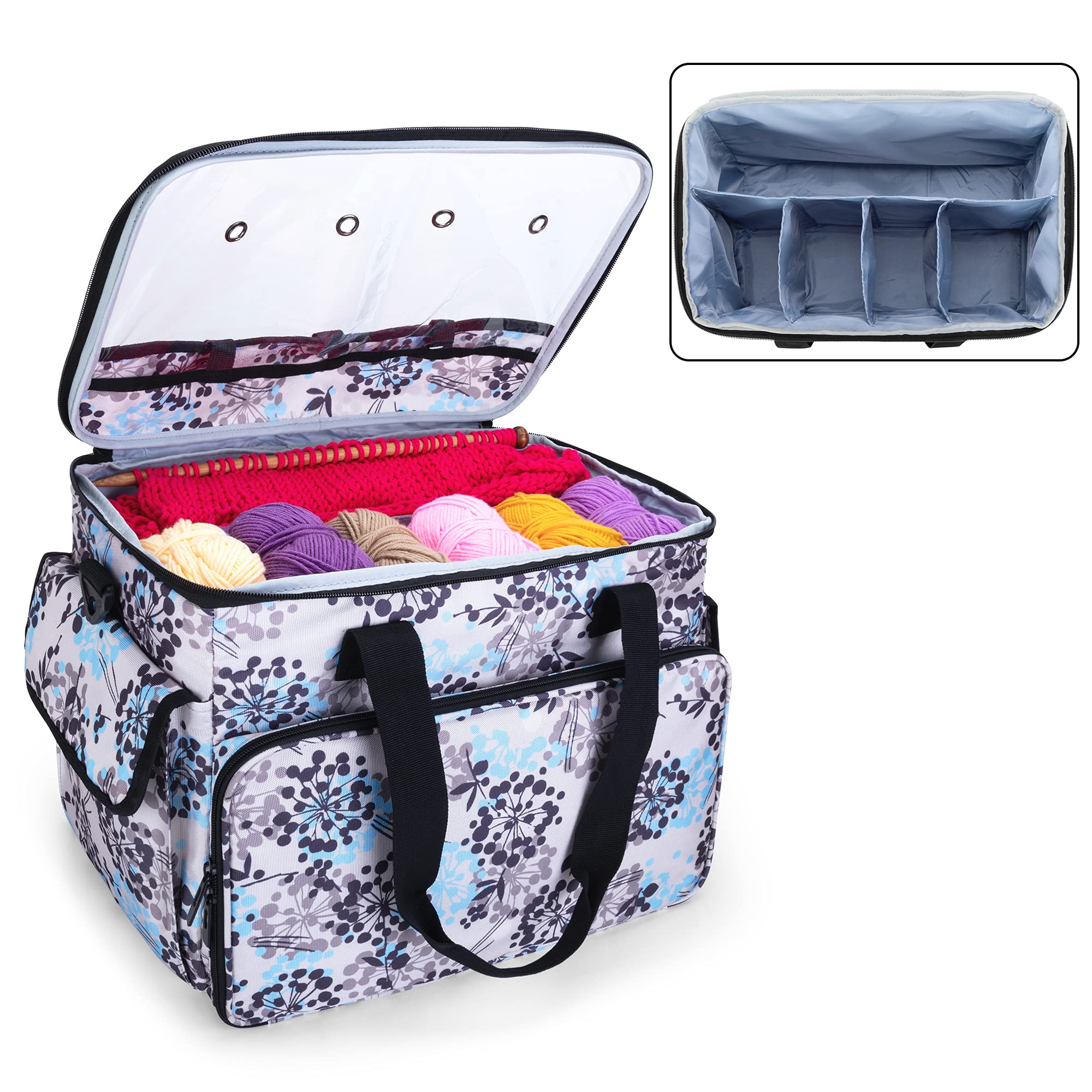 CURMIO Knitting Bag, Yarn Storage Tote with Compartments for Knitting Needles, Crochet Hooks, Knitting Project and Accessories, Bag Only, Dandelion